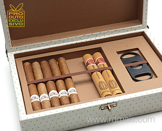 Caixa de Charutos com Cortador - Caixa de Madeira Revestida