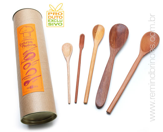 Kit com 5 Colheres de Madeira no Tubete de Papelão - Linha Master Cook