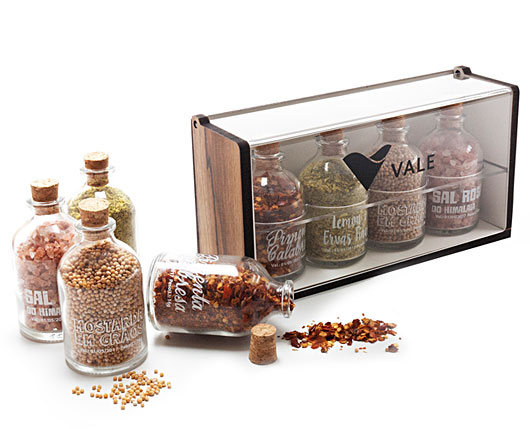 Kit Tempero com 4 Vidros de Especiarias - Caixa de Madeira com Acrílico