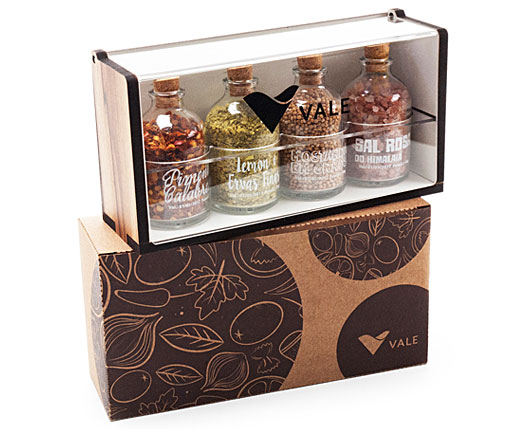 Kit Tempero com 4 Vidros de Especiarias - Caixa de Madeira com Acrílico